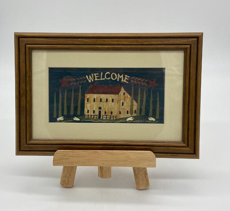 Primative Folk Art Welcome With White Barn Framed Picture Farmhouse ...