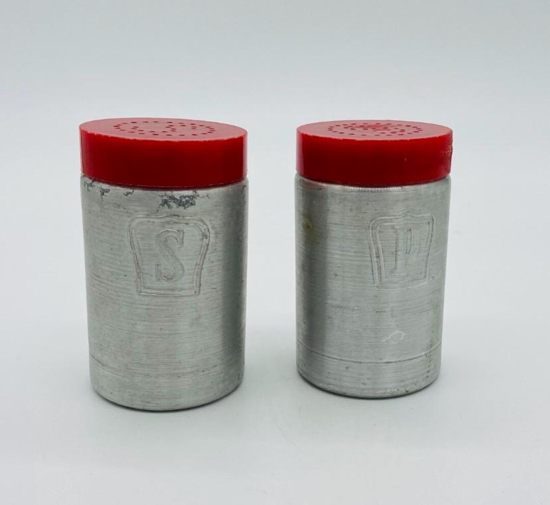 Aluminum Salt and Pepper Shakers Red Lids Raised Lettering Vintage Mid ...