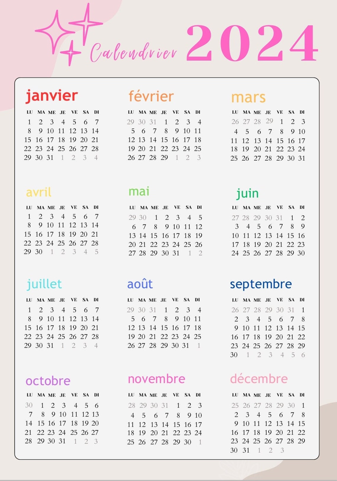 2024 Calendar, Rainbow Color Calendar - Etsy