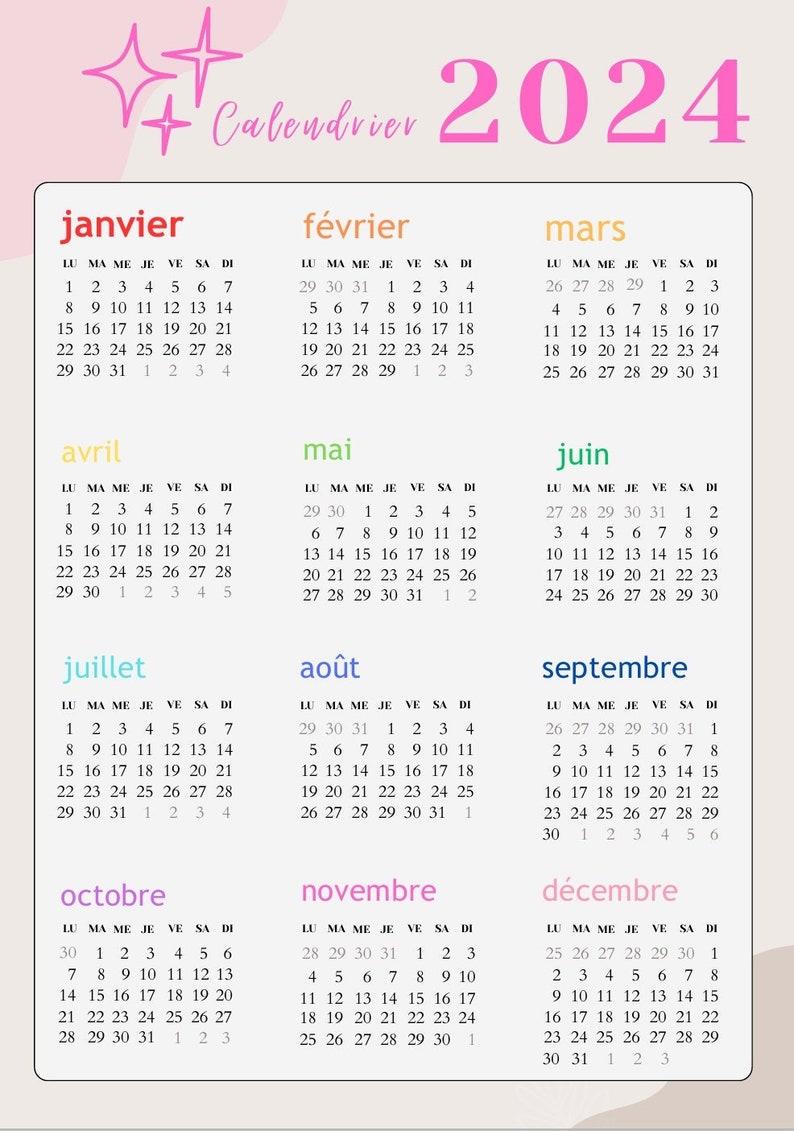 2024 Calendar, Rainbow Color Calendar - Etsy