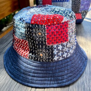 Boro Patchwork Bucket Hat, Reversible Boro-style Hat, Hand-stitched Hat, Denim-like Cotton, Gift ...