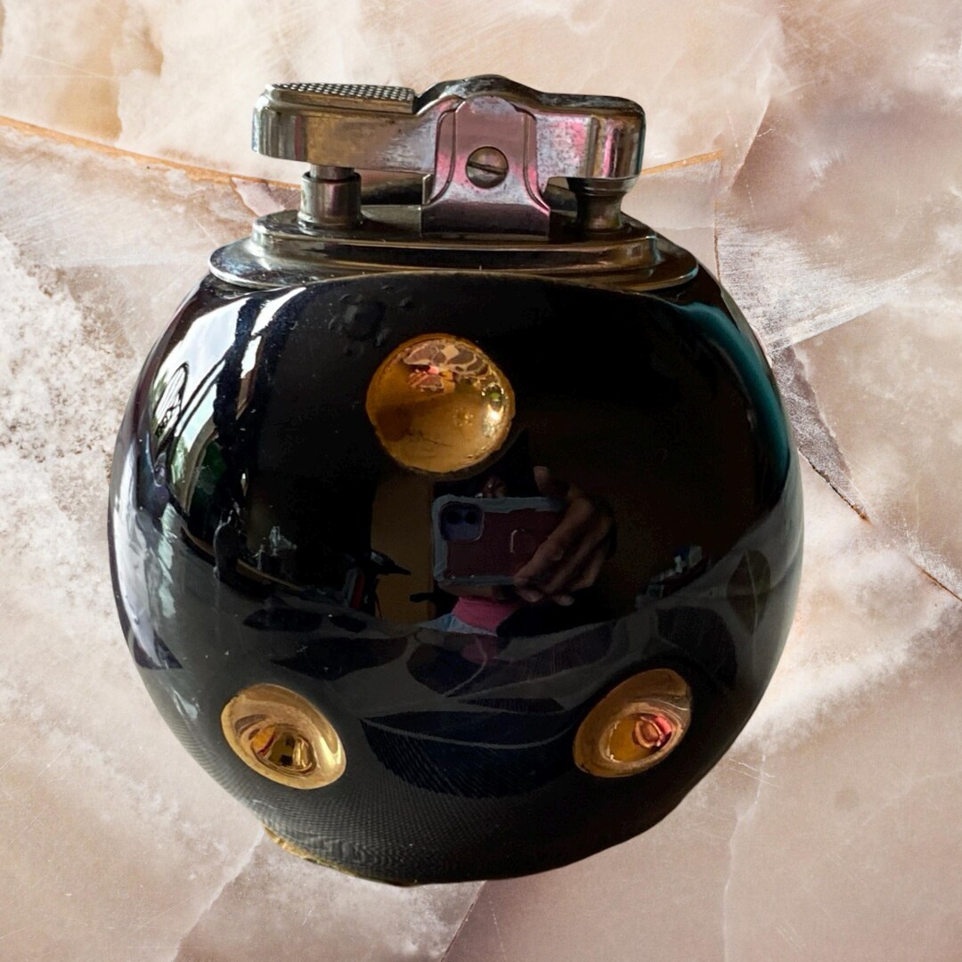 Vintage MCM Black and Gold Table Top Bowling Ball Lighter - Etsy