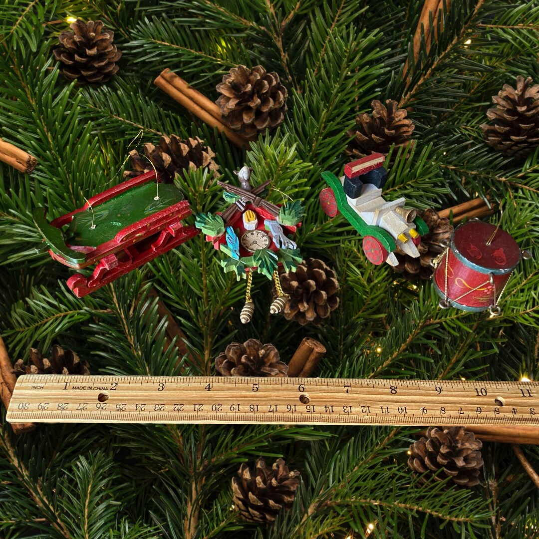 Vintage Wooden Christmas Ornaments: Cuckoo Clock, Drum, Car, Sled - Etsy