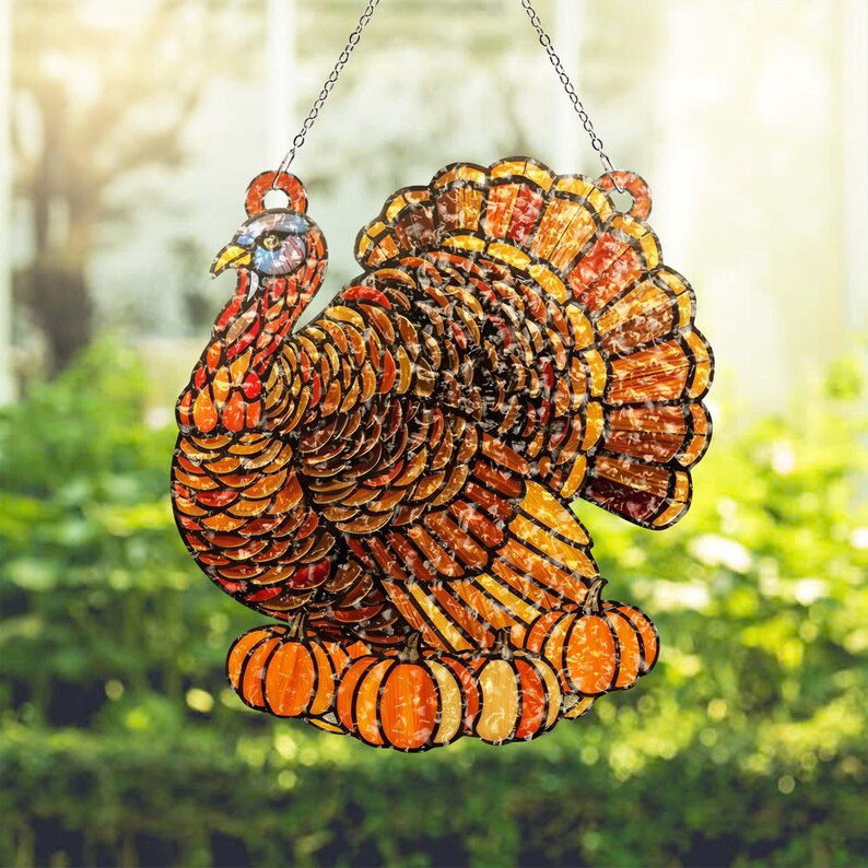 Thanksgiving Turkey Suncatcher, Turkey With Pumpkins Acrylic Fall ...