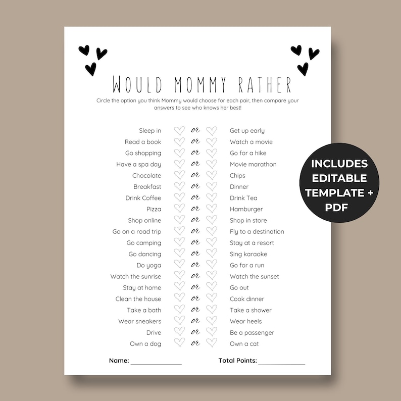 Would Mommy Rather Baby Shower Game | Minimalist/neutral Baby Shower ...