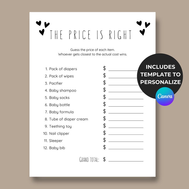 The Price is Right Baby Shower Game Neutral/minimalist Baby Shower ...