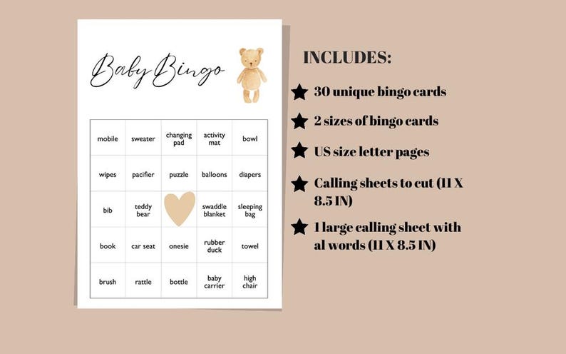 Baby Shower Bingo Teddy Bear Neutral 30 Prefilled Cards | Baby Shower ...