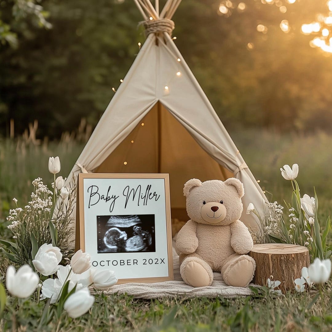 Boho Spring Pregnancy Announcement Teddy Bear Gender Neutral Simple ...