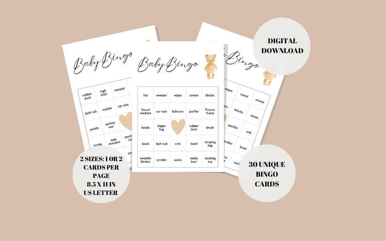 Baby Shower Bingo Teddy Bear Neutral 30 Prefilled Cards | Baby Shower ...