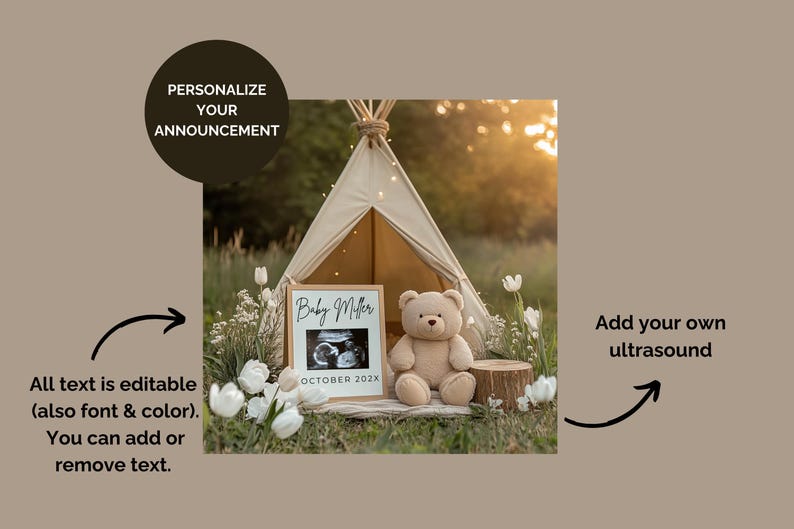 Boho Spring Pregnancy Announcement Teddy Bear Gender Neutral Simple ...