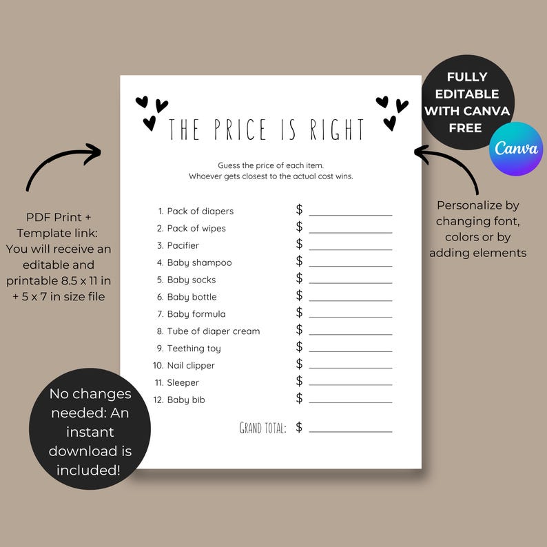 The Price is Right Baby Shower Game Neutral/minimalist Baby Shower ...