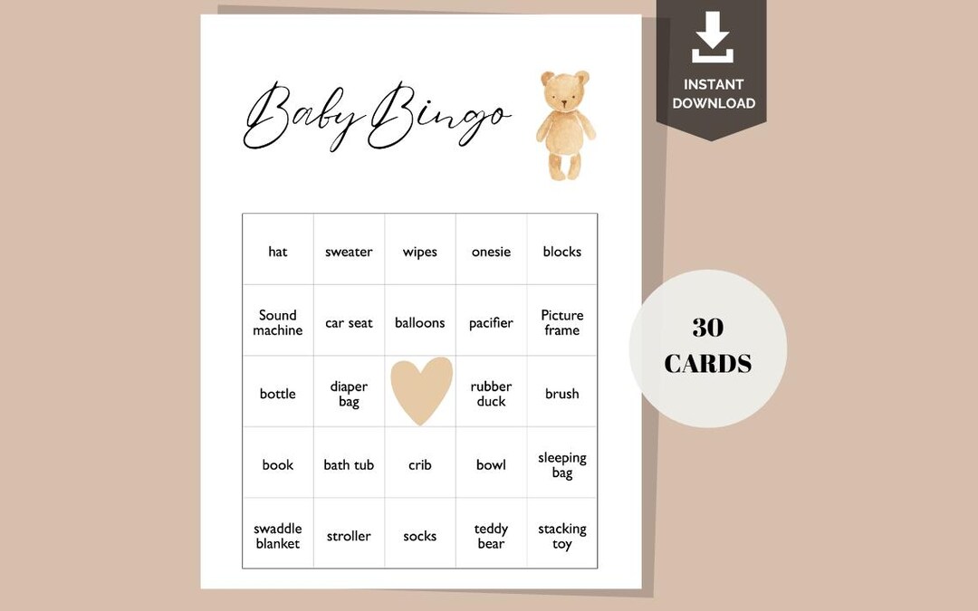 Baby Shower Bingo Teddy Bear Neutral 30 Prefilled Cards | Baby Shower ...