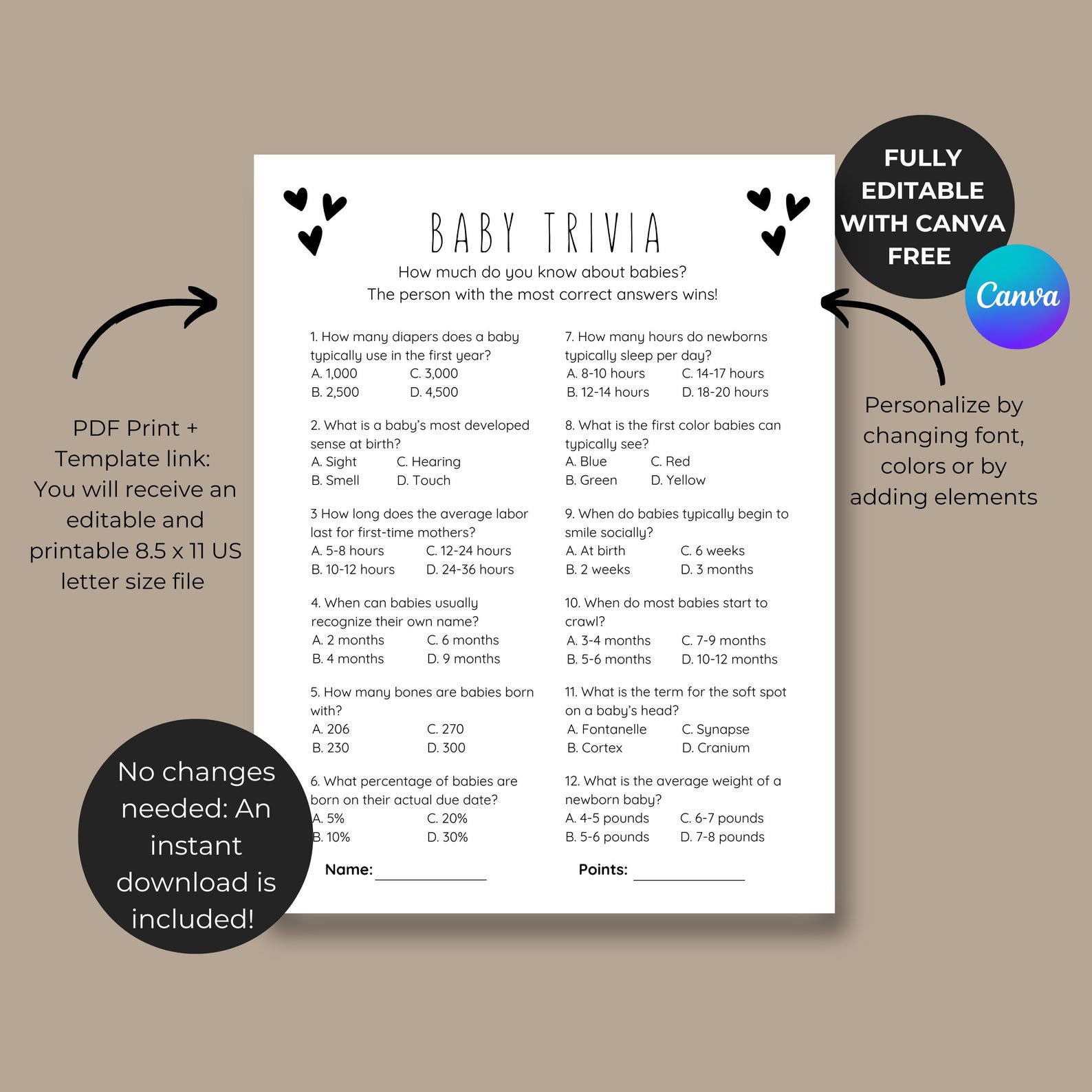 Minimalistic Baby Shower Trivia Game | Neutral Theme | Gender Reveal ...