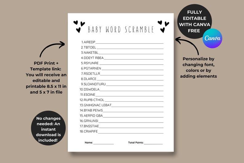 Minimalist Baby Shower Word Scramble With Answer Key | Neutral Baby ...