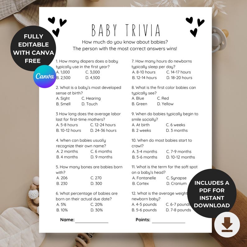 Minimalistic Baby Shower Trivia Game | Neutral Theme | Gender Reveal ...