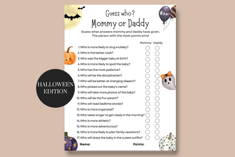 Guess Who Mommy or Daddy Baby Shower Halloween Game | Halloween Game ...
