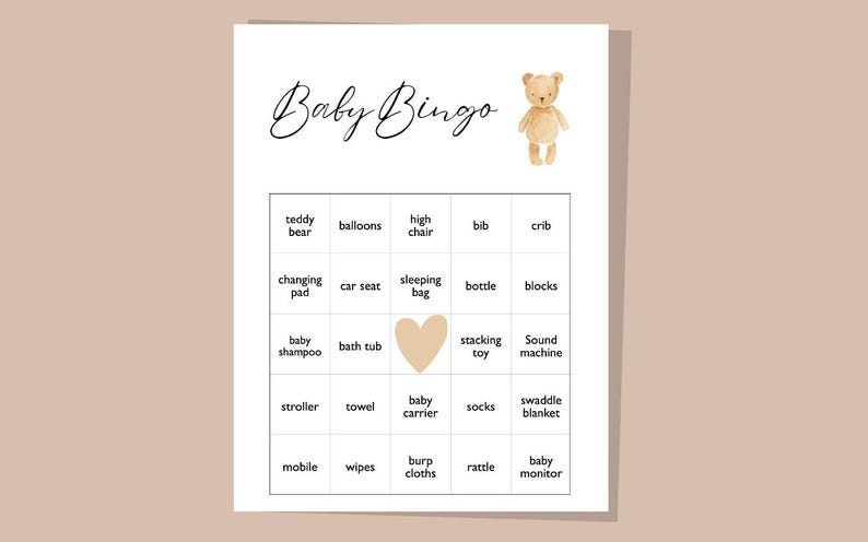 Baby Shower Bingo Teddy Bear Neutral 30 Prefilled Cards | Baby Shower ...