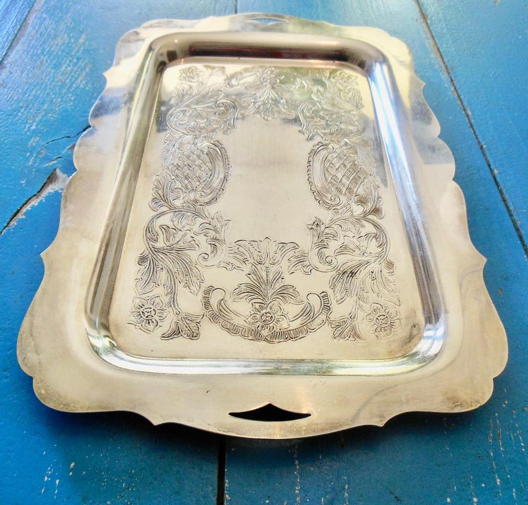 Small Rectangular Silver Tray With Cutwork Edging and Engraving, EP ...