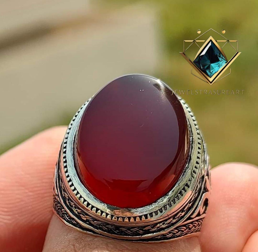 Men's Red Aqeeq Ring, 925 Sterling Silver, Oval Agate/aqeeq Ring ...