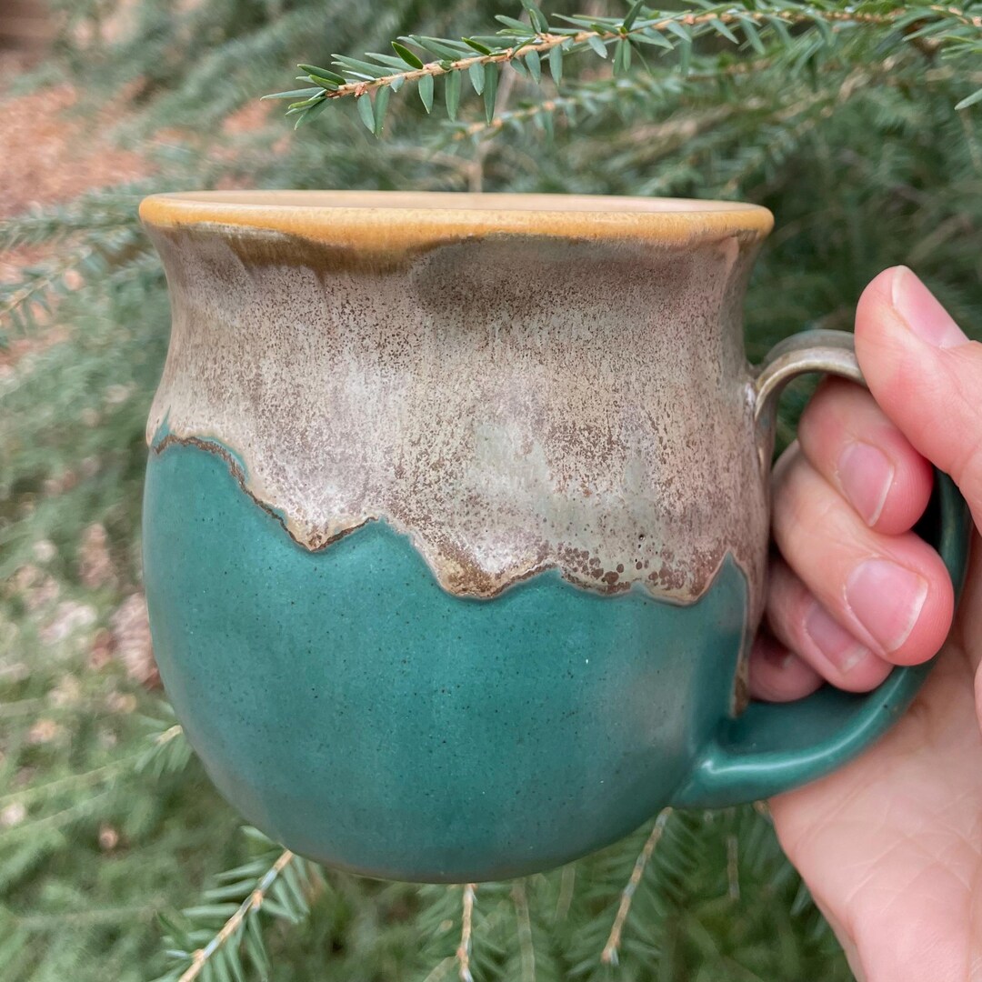 Handmade Green Drippy Coffee Mug, Forest Green and Brown 14 Oz Bubble ...