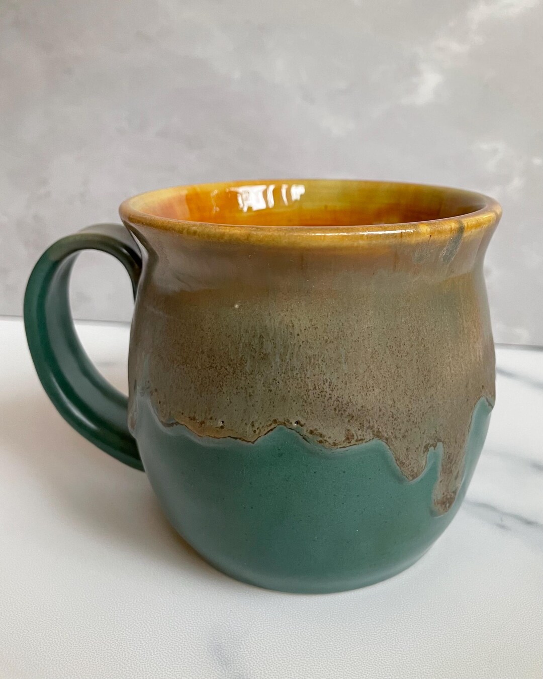 Handmade Green Drippy Coffee Mug, Forest Green and Brown 14 Oz Bubble ...