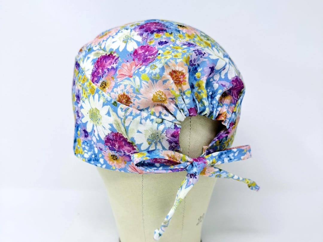 Colorful Flowers Surgical Cap With Tie Back. Floral Skull Tie-back ...