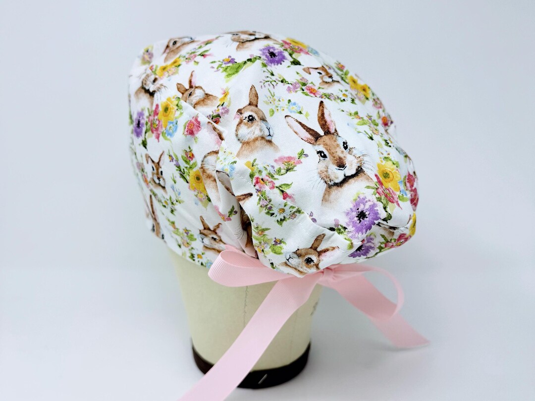 Easter Euro Scrub Cap With Ties. Bunny European Satin Lined Scrub Caps ...