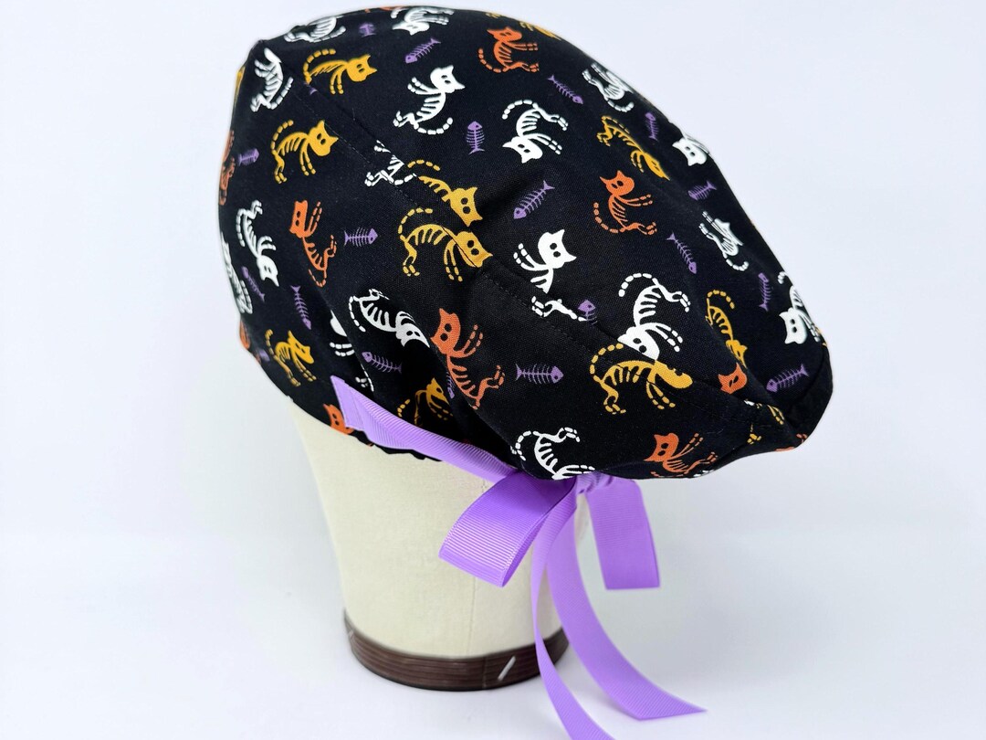 Skelly Cat Euro Scrub Cap With Ties. European Satin Lined Option Scrub ...