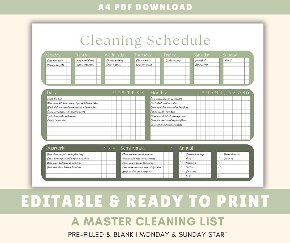 EDITABLE Cleaning Schedule | Prefilled Chores Checklist | ADHD Planner ...