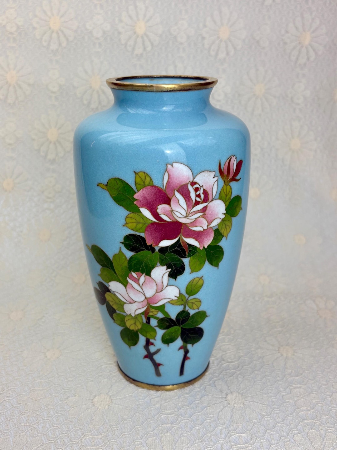 Vintage Sato Japanese Cloisonne Vase / Sky Blue Enamel Peony Vase ...