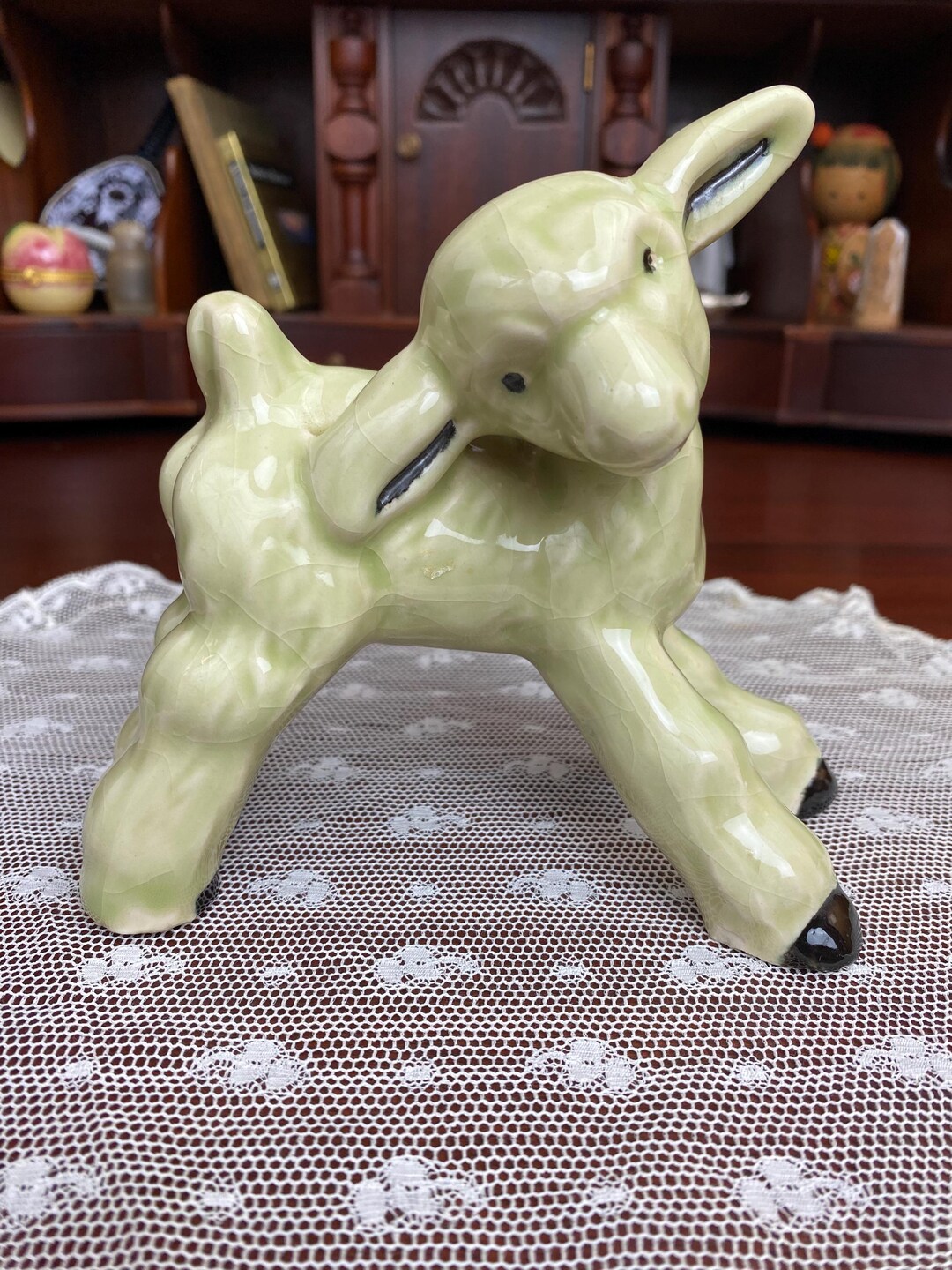 Vintage Green Ceramic Lamb Figurine / Crackle Glaze Baby Sheep / Mid ...