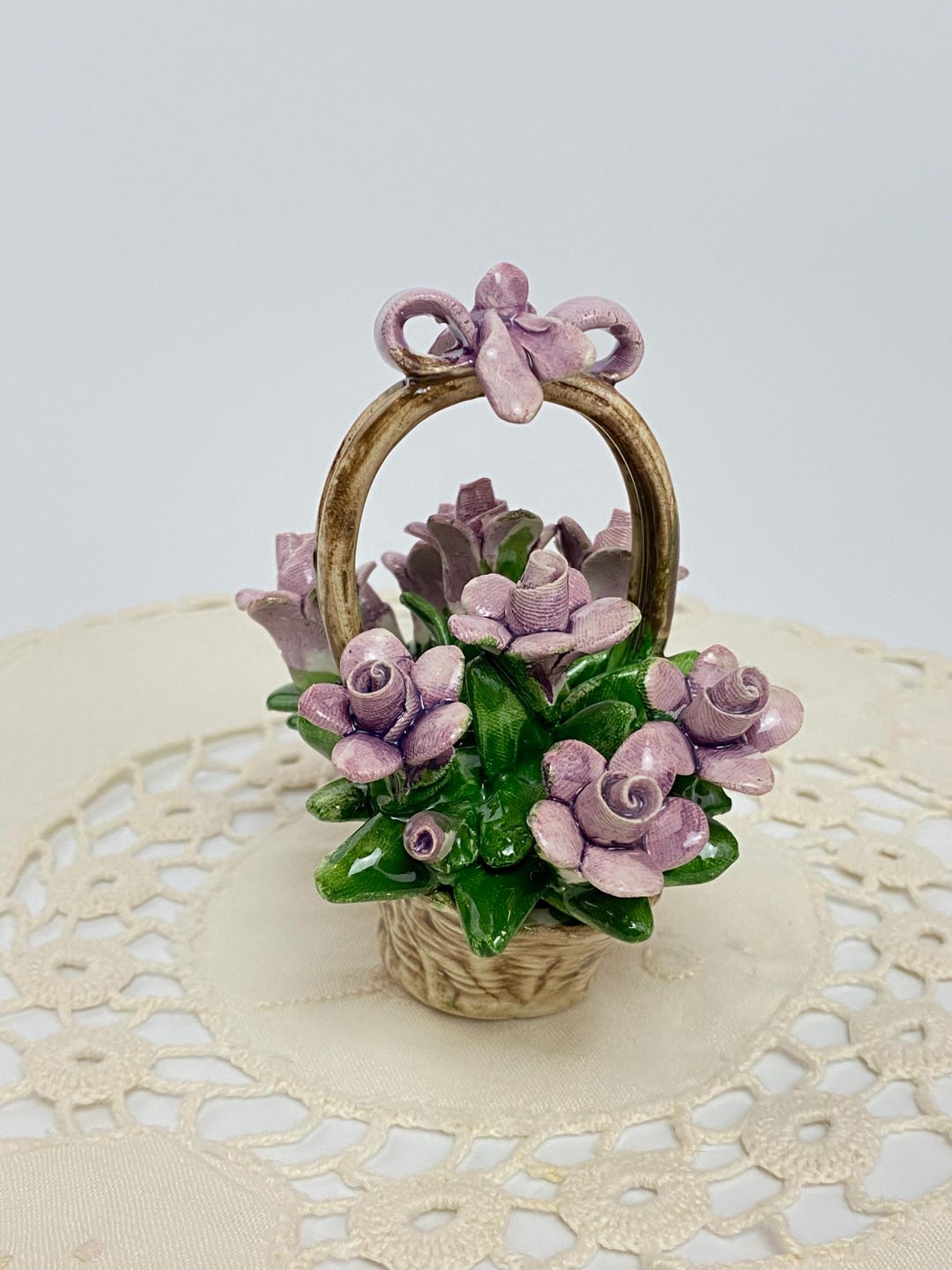 Nuova Capodimonte Mini Porcelain Flower Basket / Purple Roses / Purple ...