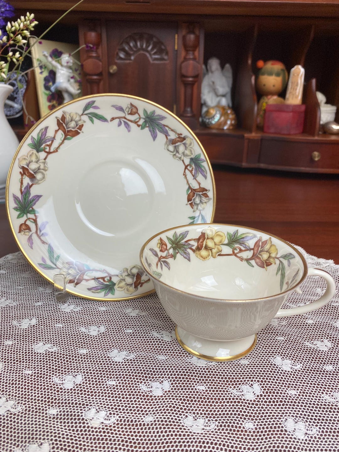 Flintridge Woodrose China Tea Cup Set / White Flowers / Green Purple ...