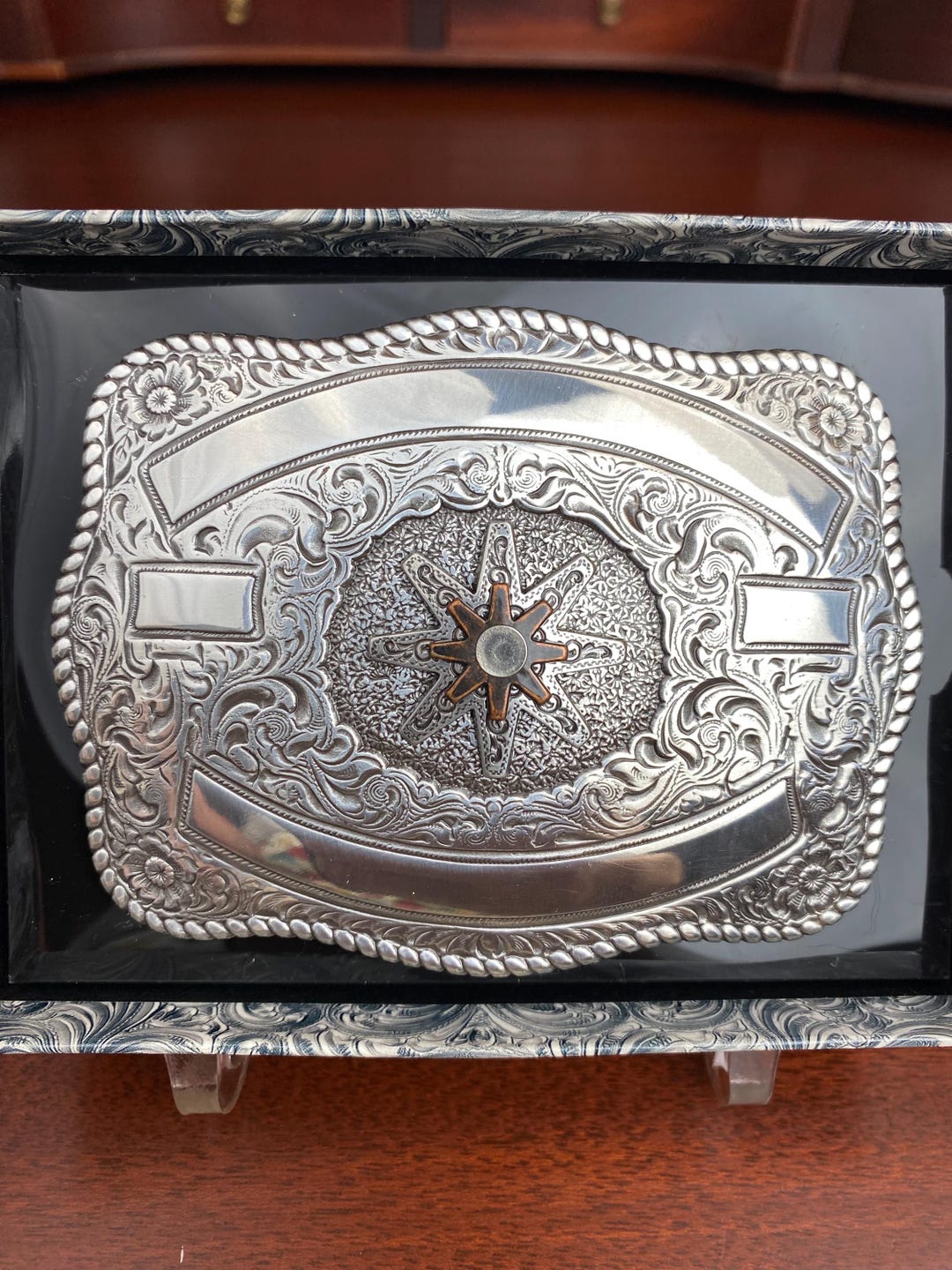 Crumrine Nickel Silver Belt Buckle / Western Engraved Star Design ...