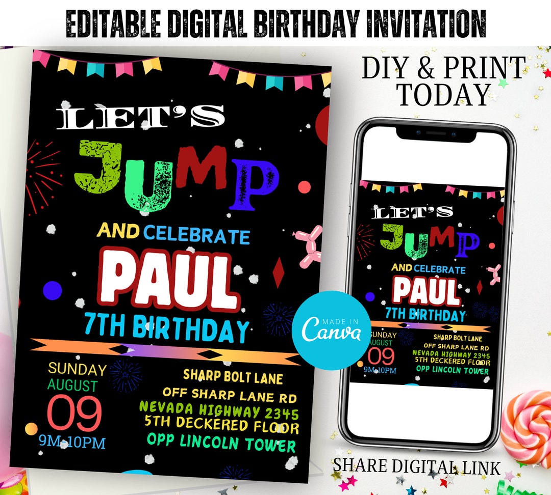 Editable Jump Birthday Invitation, Birthday Party Glow Jump Trampoline ...