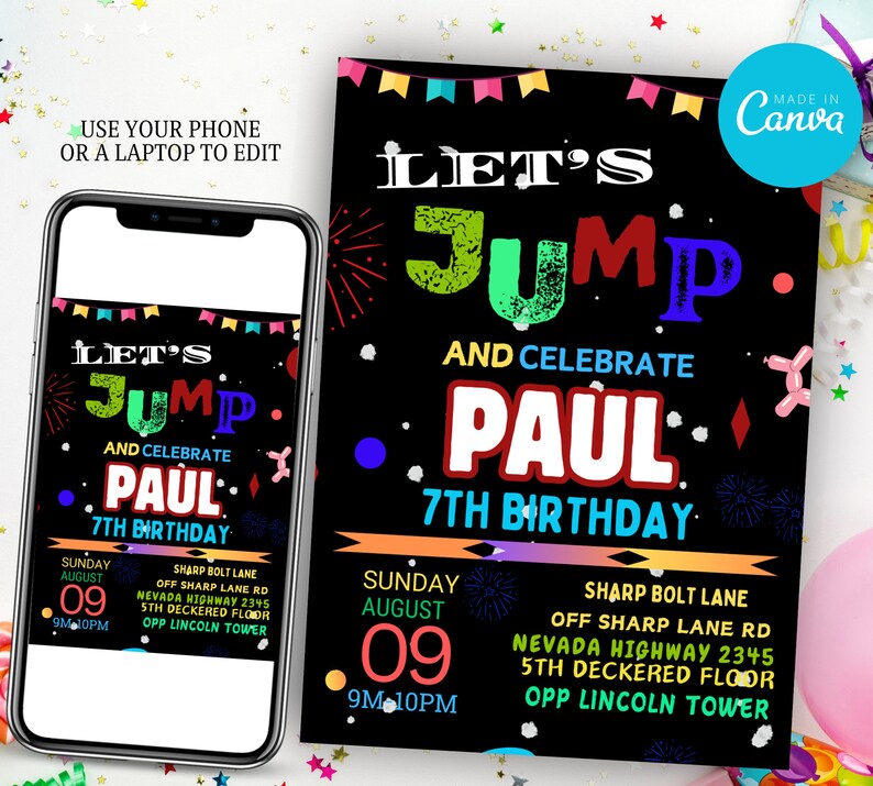 Editable Jump Birthday Invitation, Birthday Party Glow Jump Trampoline ...