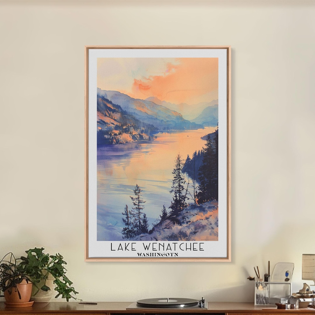 Lake Wenatchee Washington Framed Canvas Print, Watercolor Landscape ...