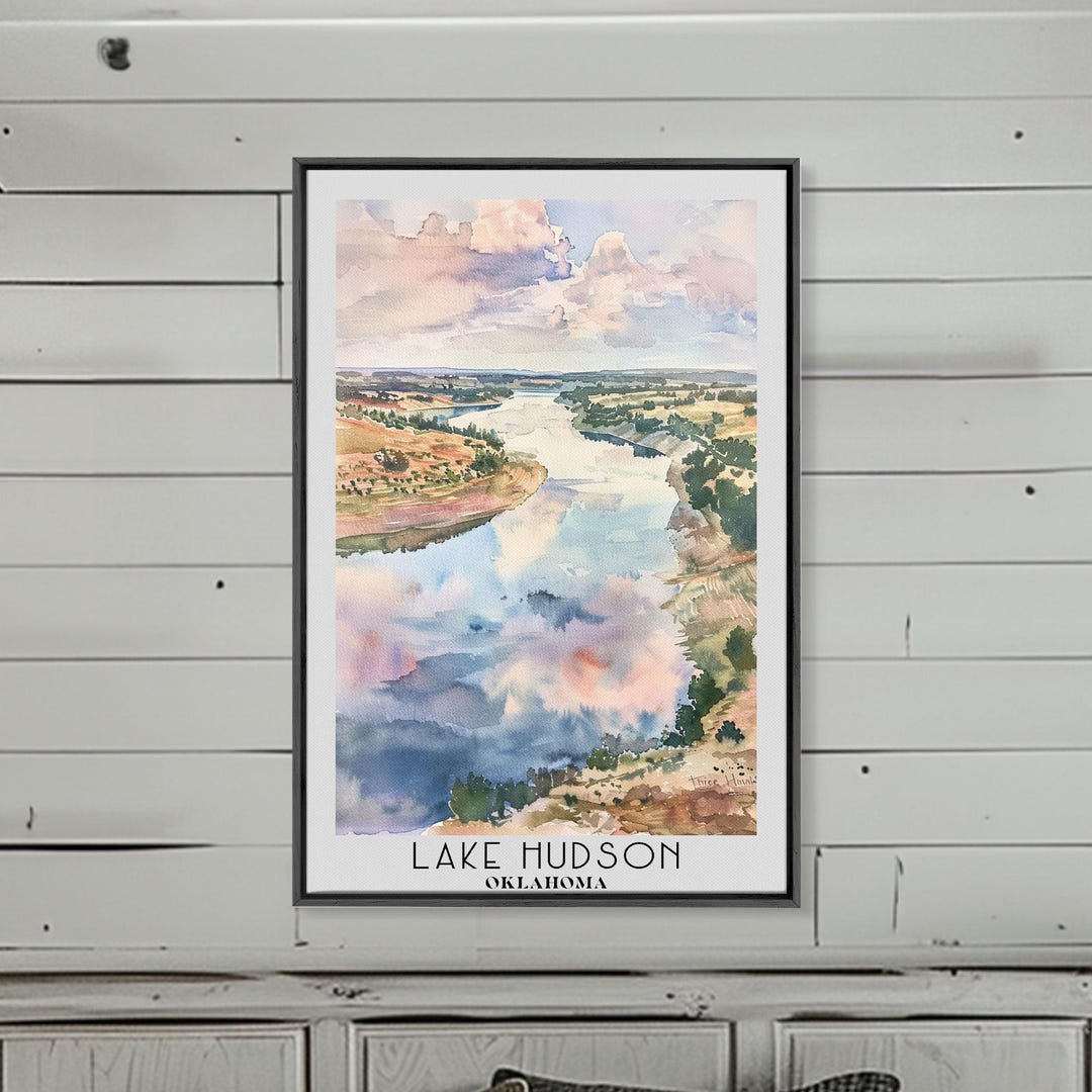 Lake Hudson Oklahoma Framed Canvas Print: Watercolor Landscape Art - Etsy