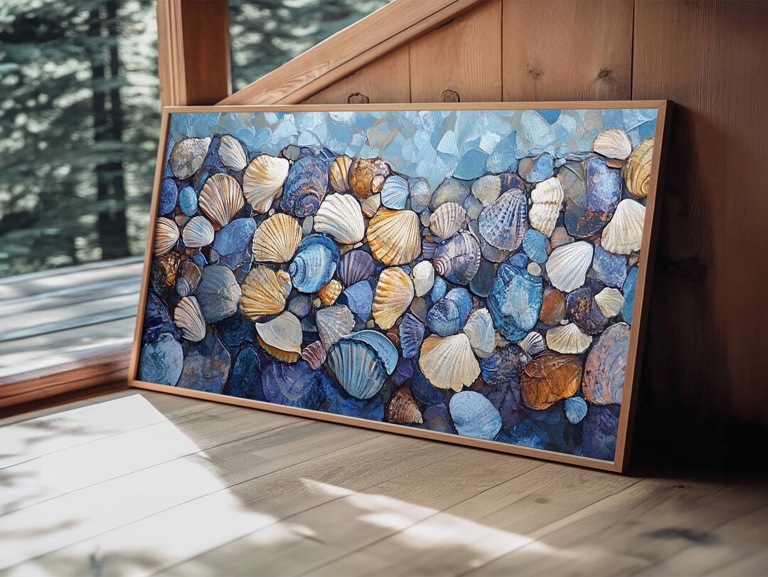 Seashell Beach Art, Coastal Wall Art, Oyster Shell Painting, Blue and ...