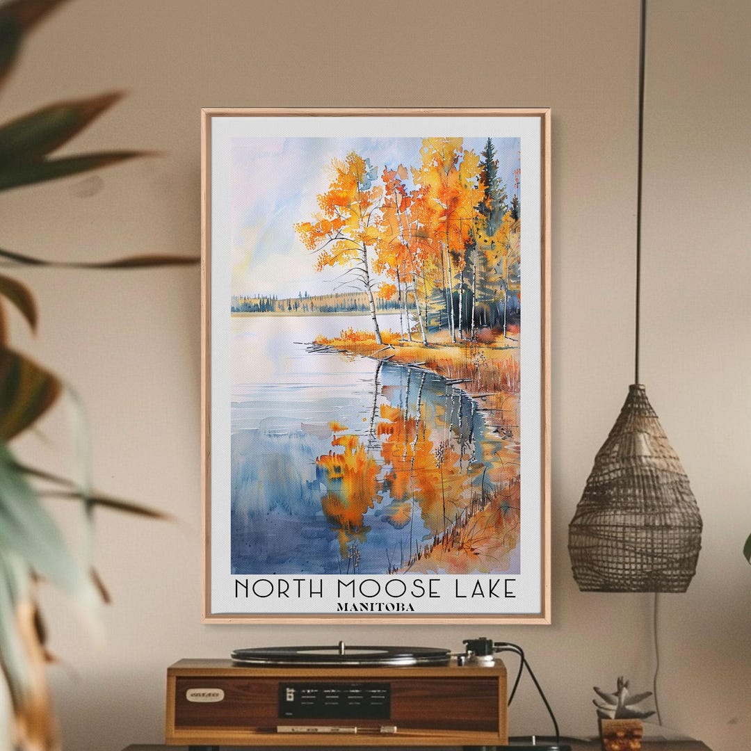 North Moose Lake Manitoba Travel Poster Framed Canvas Print, Watercolor ...