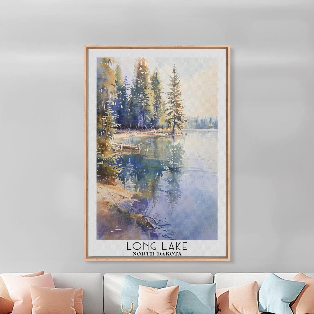 Long Lake North Dakota Travel Poster Framed Canvas Print, Watercolor ...