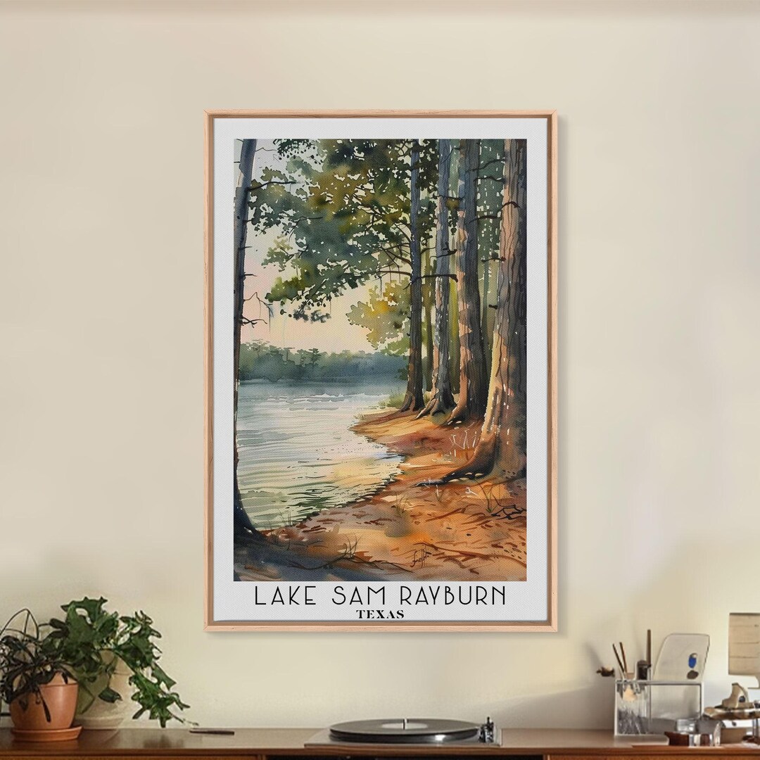 Lake Sam Rayburn Texas Framed Canvas Print, Watercolor Landscape ...