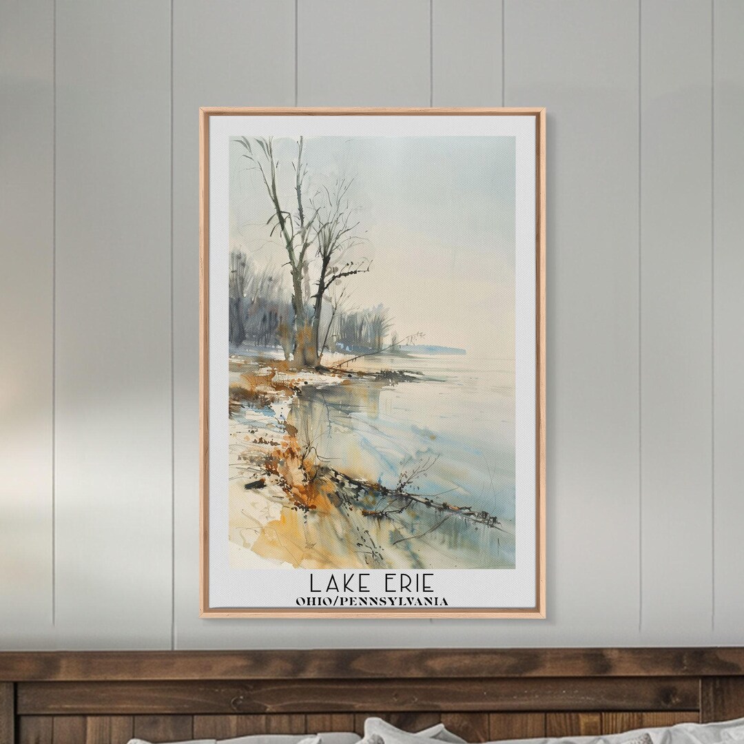 Lake Erie Framed Canvas Print: Watercolor Landscape Wall Art - Etsy