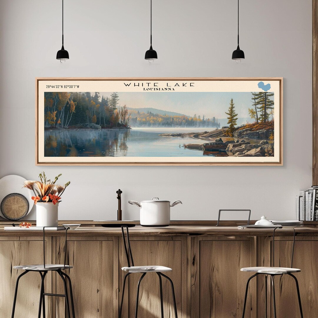 White Lake Panoramic Wall Art, Framed Canvas Print, Lake House Decor ...