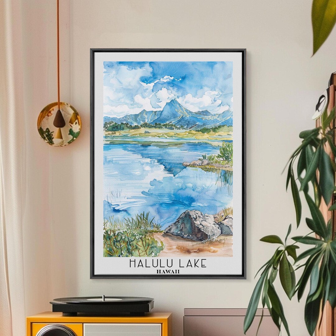 Halulu Lake Hawaii Framed Canvas: Watercolor Travel Poster - Etsy