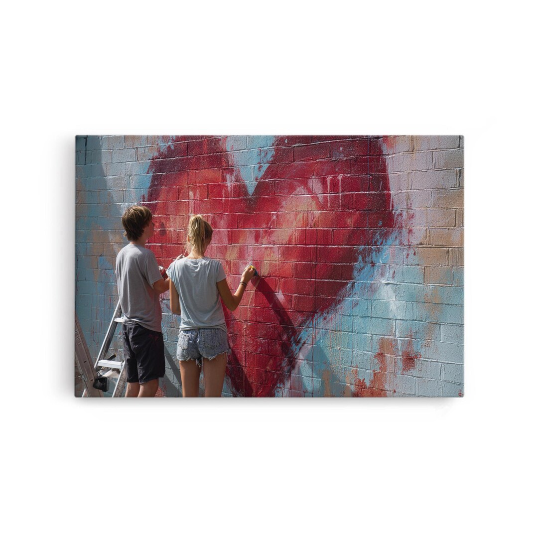 Urban Heart Mural Couple Scene, Framed Canvas Print, Valentines Day Art ...