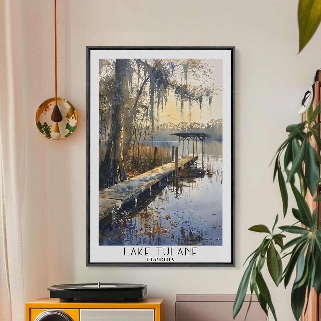 Lake Tulane Florida Framed Canvas Print, Watercolor Landscape, Travel ...