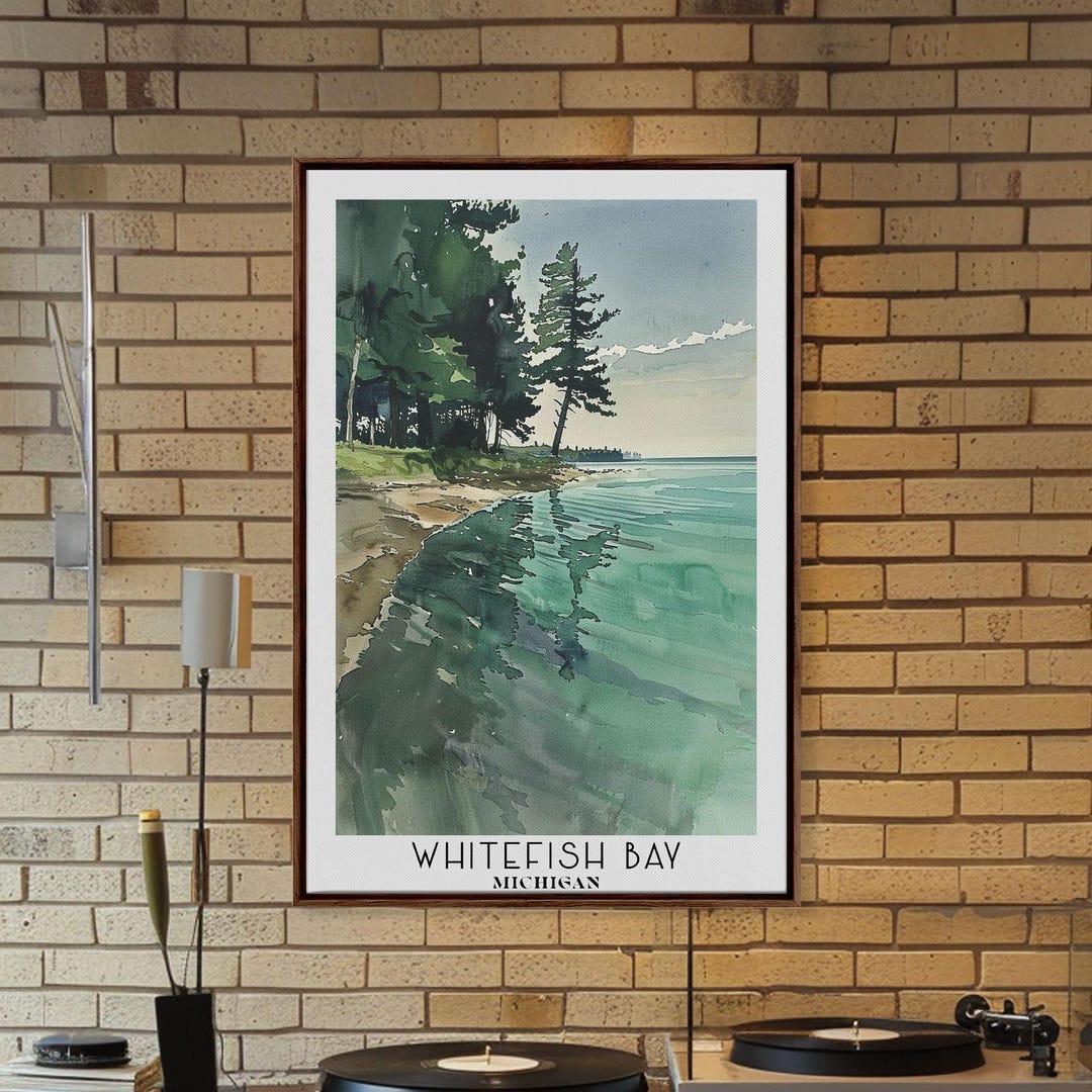 Whitefish Bay Michigan Travel Poster Framed Canvas Print, Watercolor ...