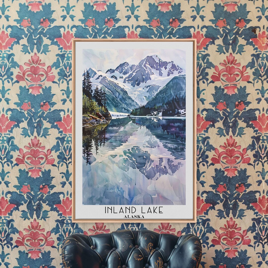 Inland Lake Alaska Framed Canvas Print: Watercolor Mountain Art - Etsy