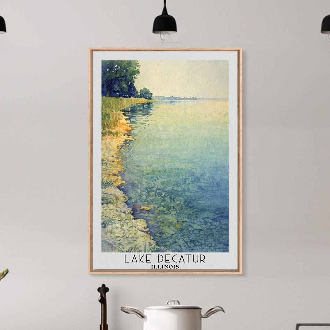 Lake Decatur Illinois Framed Canvas Print, Watercolor Landscape, Travel ...